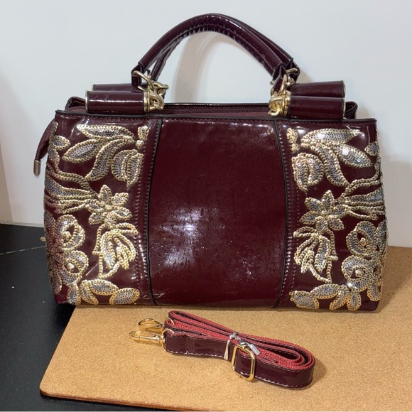 Nevenka | Bags | Nevenka Burgundy Handbag Crossbody Gold Embroidery ...